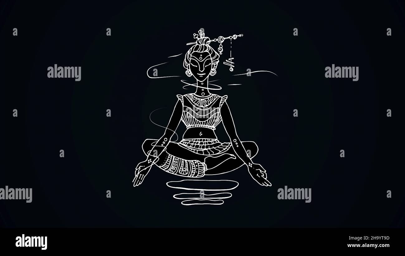 Animation of meditating woman on black background. Drawing of white ...