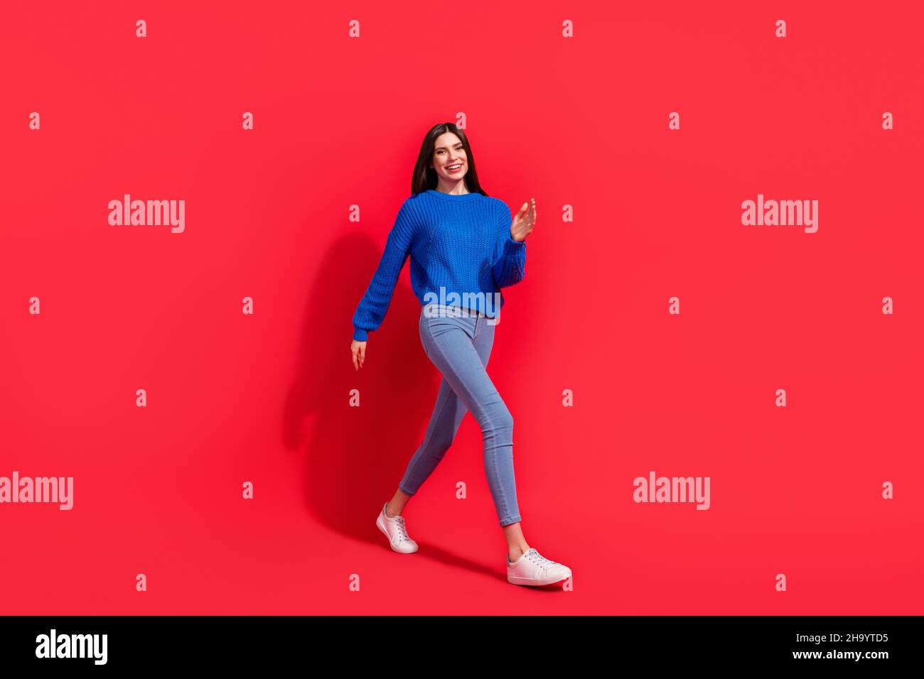 Full body profile side photo of charming happy woman walk empty space ...
