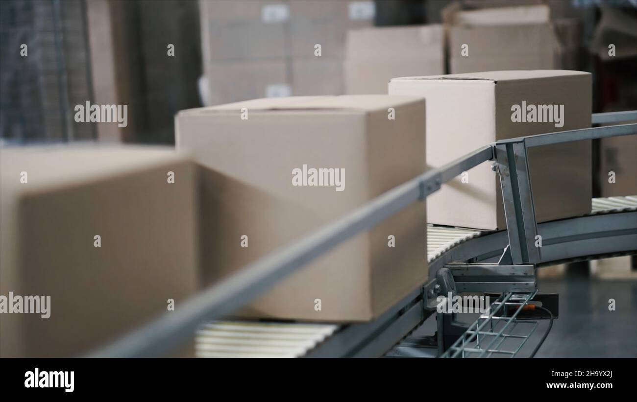 Cardboard boxes on conveyor belt in factory. Clip. Production line on ...