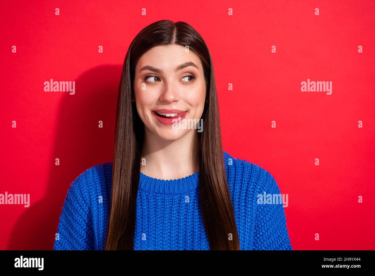 Photo portrait brunette licking lips hungry looking empty space ...