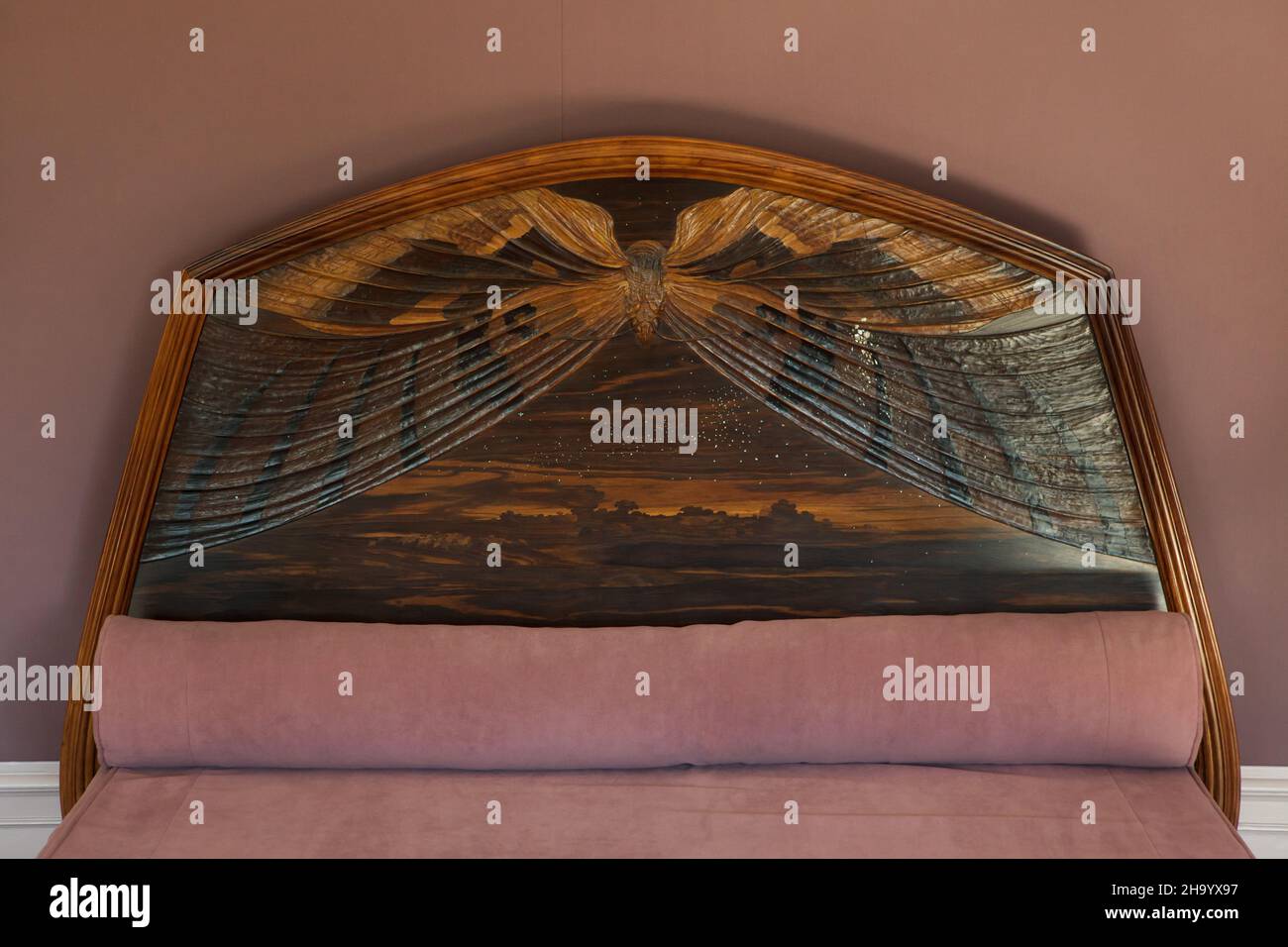 Flying moth depicted in the detail of the Art Nouveau bed 'Aube et ...