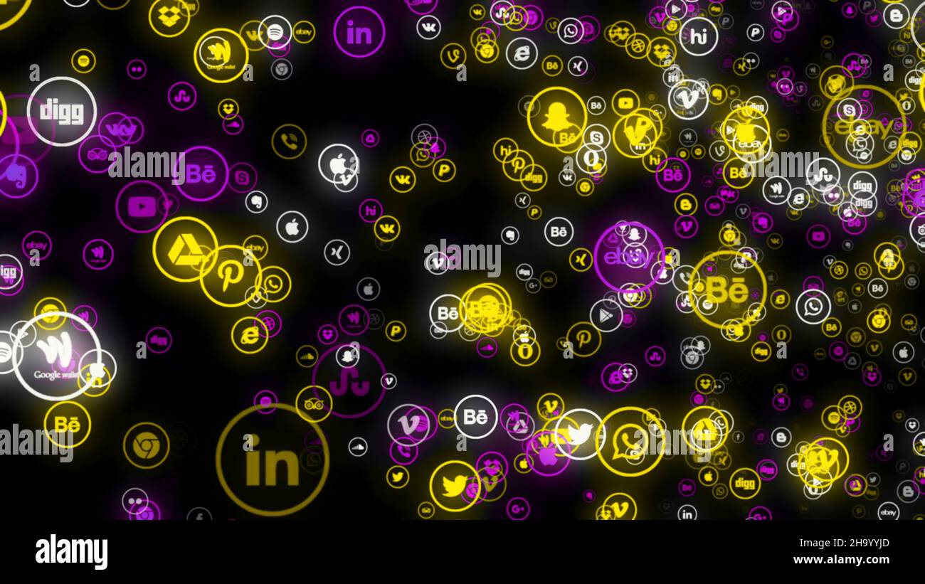 Abstract animation of popular social networks and services on the black ...