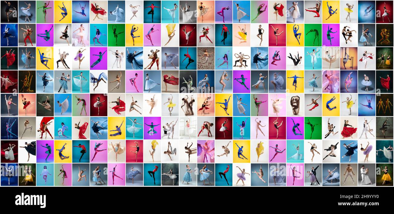 Art collage made of portraits of female and male ballet dancers in ...
