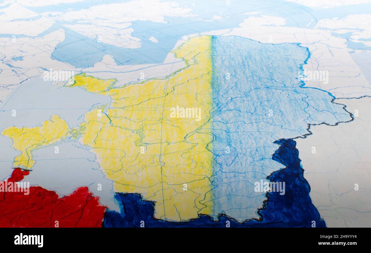 Colored by pencil map of Ukraine in the center of image on blurred ...