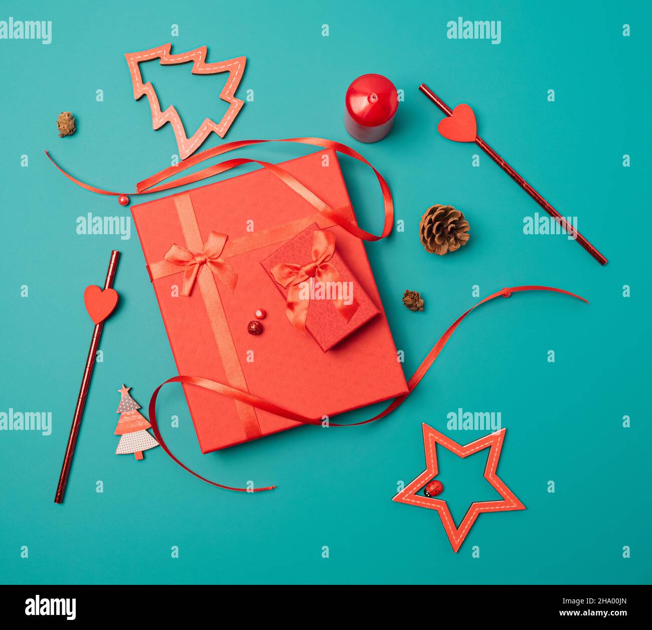 Romantic presents layout on a light blue background. Christmas minimal ...