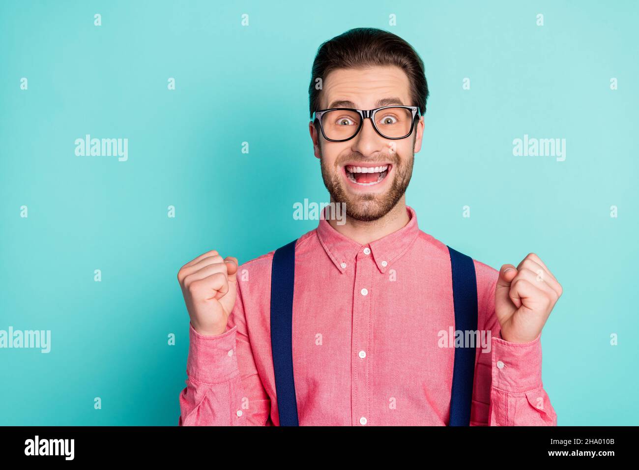 Photo of young excited man happy positive smile rejoice victory success ...
