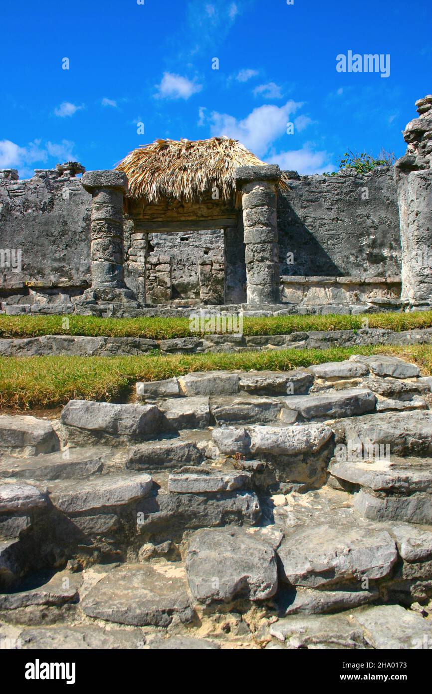 Vertical shot of stairs to the ruins of a Mayan construction in Tulum ...