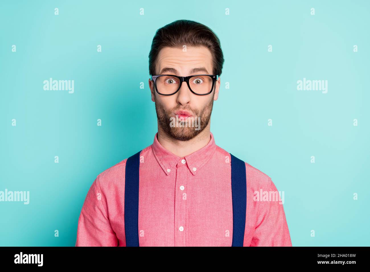 Photo of young handsome man pouted lips flirty valentine day feelings ...