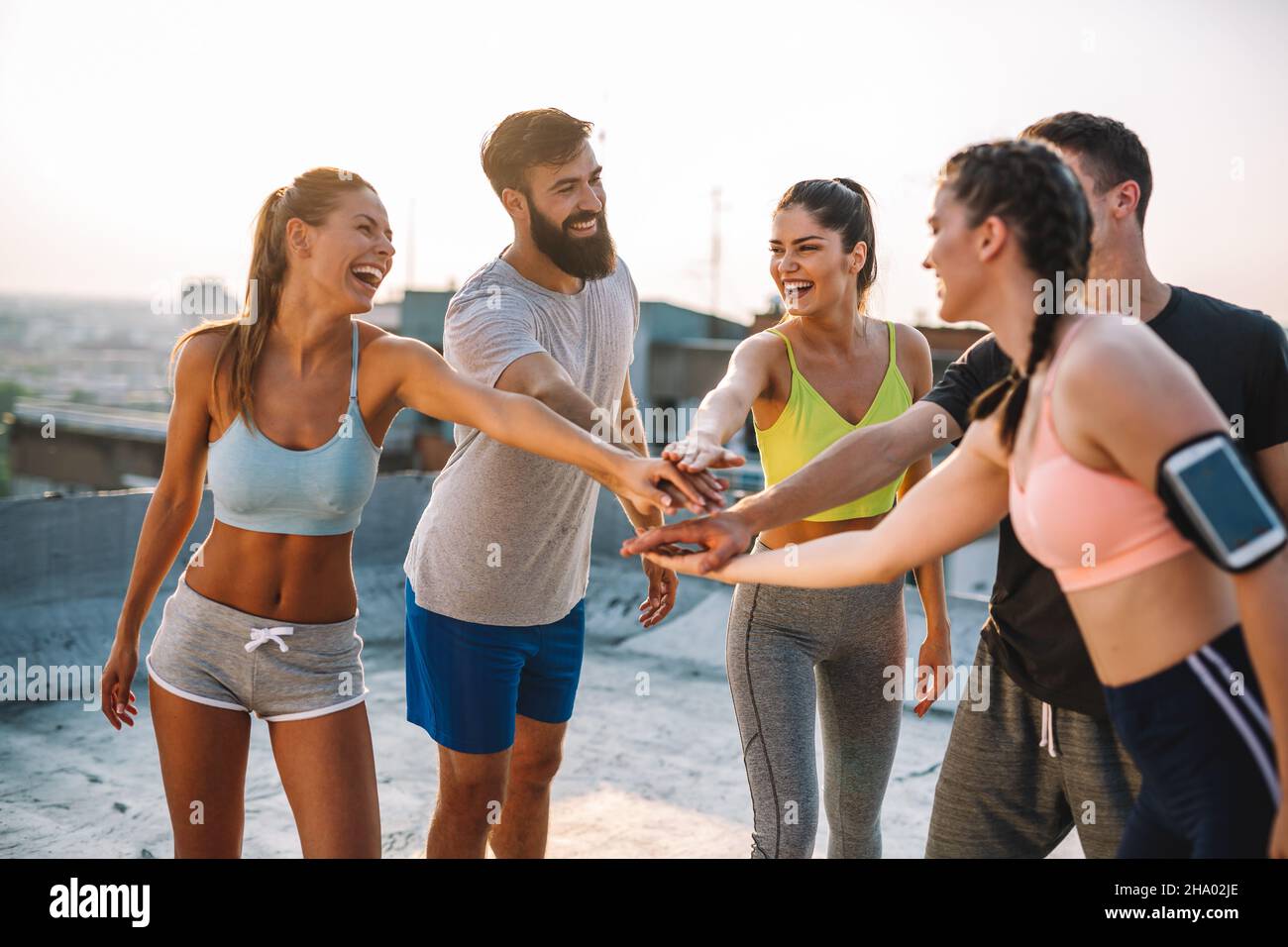 Fitness, sport, friendship and healthy lifestyle concept. Group of ...