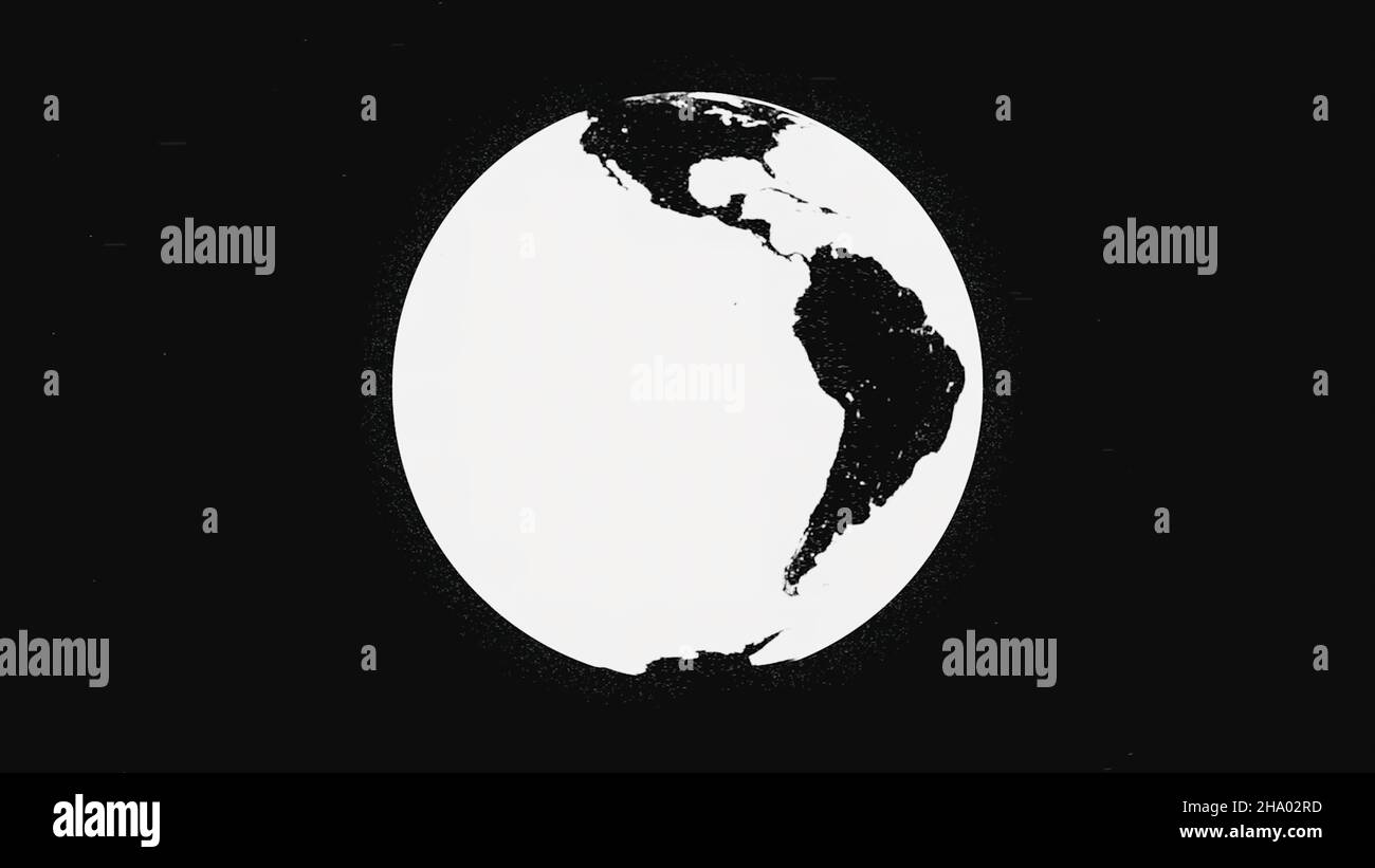 Abstract animation of rotating white planet Earth on black background ...