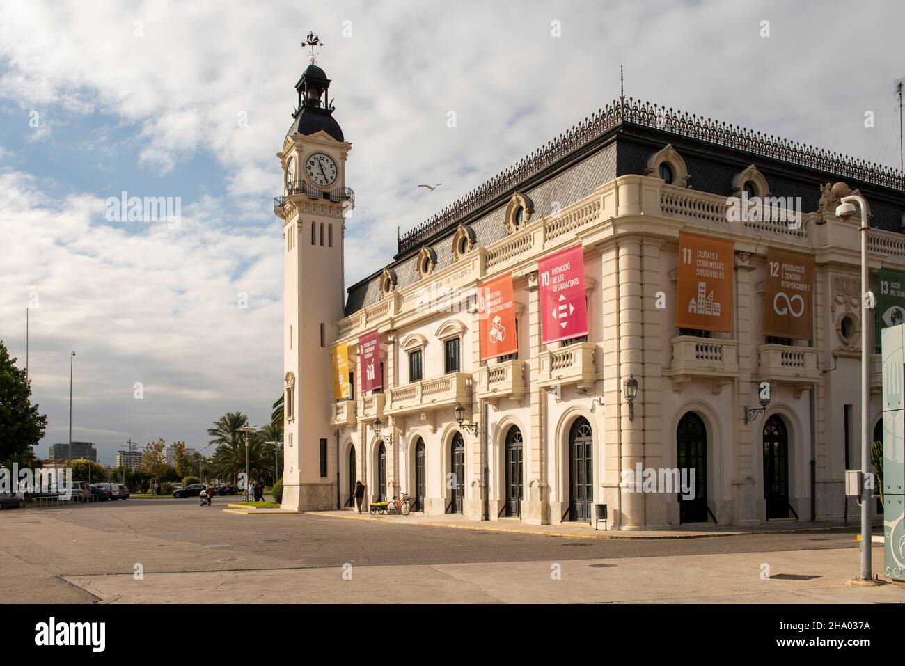 Historical building with Clock Tower at Valencia Docks in Spain Stock ...