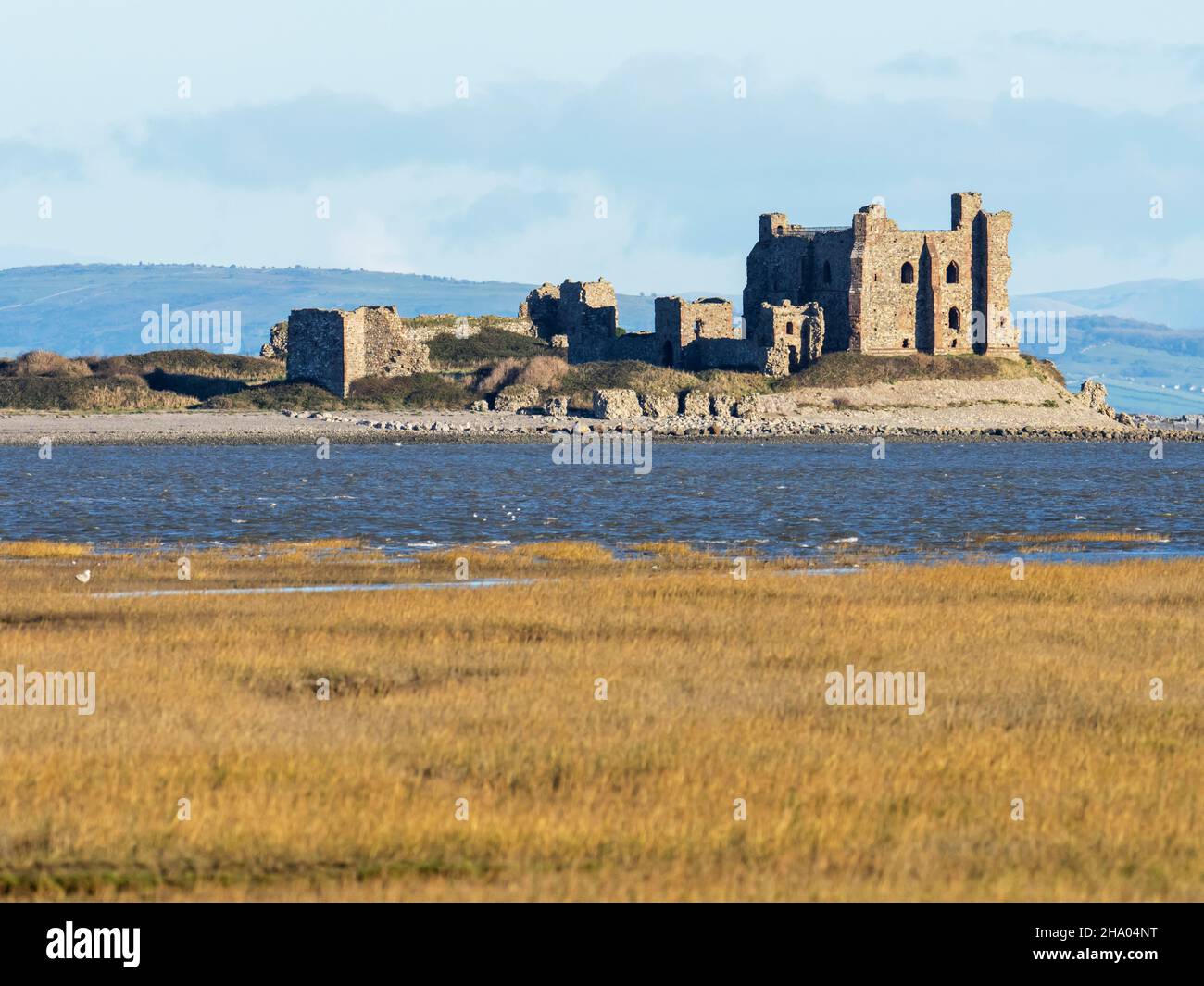 Piel castle on Piel Island from Walney Island, Cumbria, UK Stock Photo ...