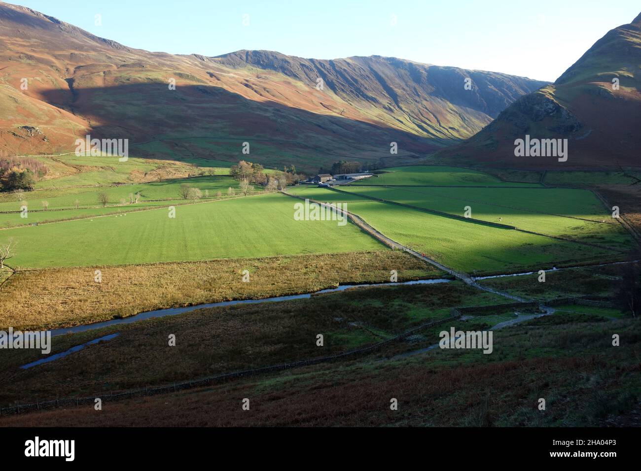 Sunrise on Peggy's Bridge & Gatesgrath Farm from the Scarth Gap Pass in ...