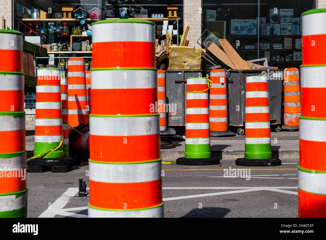 Construction site cones on the streets of Rosemont in Montreal, Quebec ...
