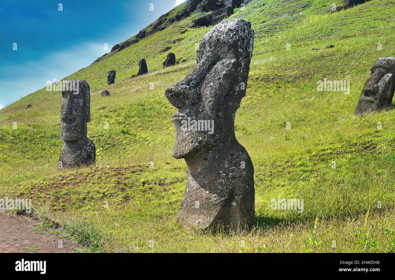 Moai statues in the Rano Raraku Volcano in Easter Island, Rapa Nui ...