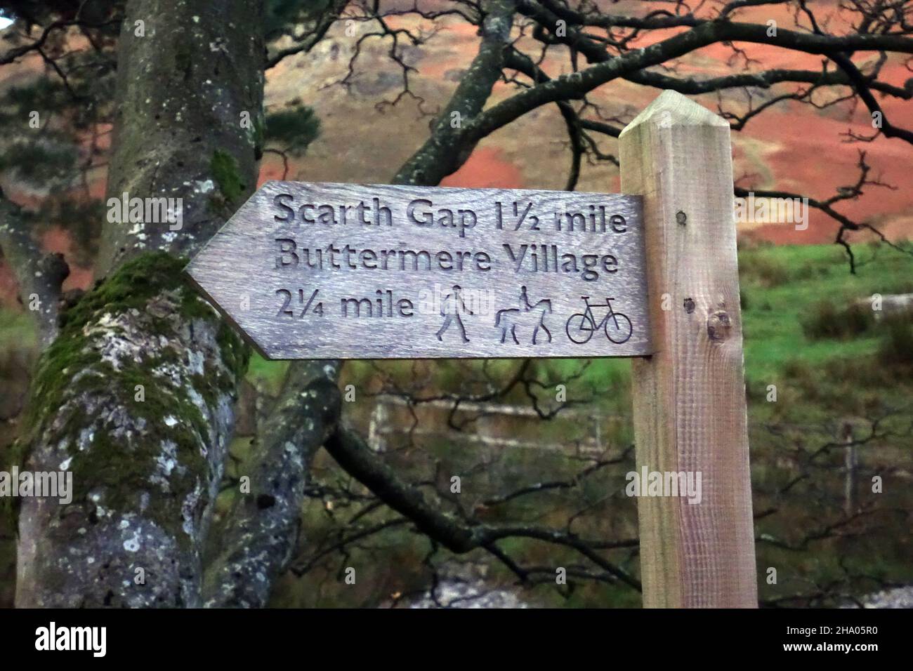 Wooden Signpost for Scarth Gap Pass & Buttermere Village near ...