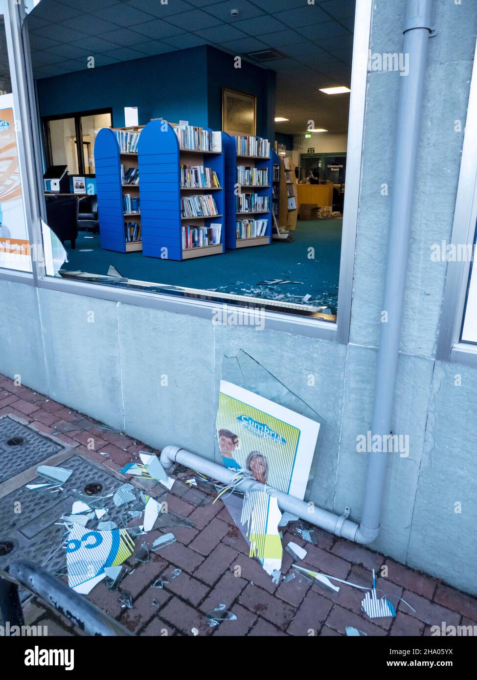 A window on Ambleside library blown in by Storm Arwen, an extrmely ...
