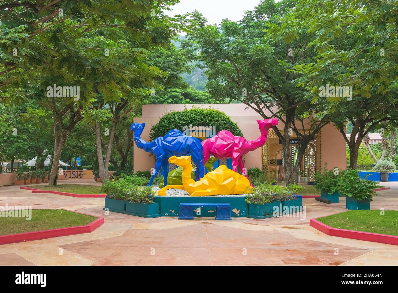 PHETCHABURI,THAILAND-DECEMBER 1,2021: An artistic multicolored camel ...