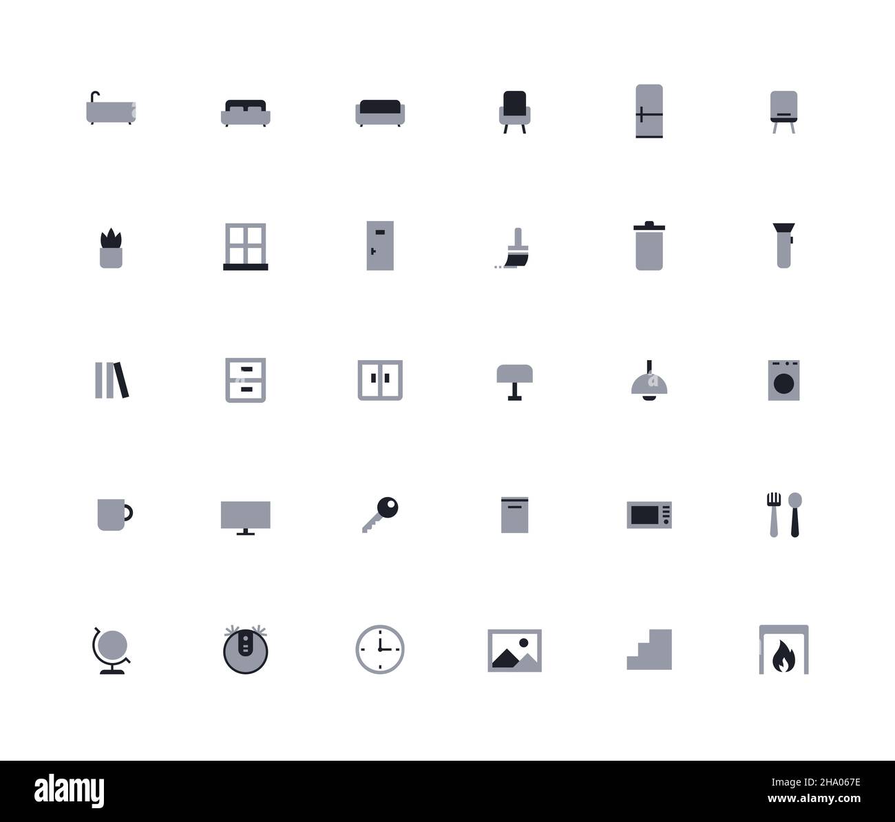 Furniture, devices and decor object. Icons set. Two-color set size ...