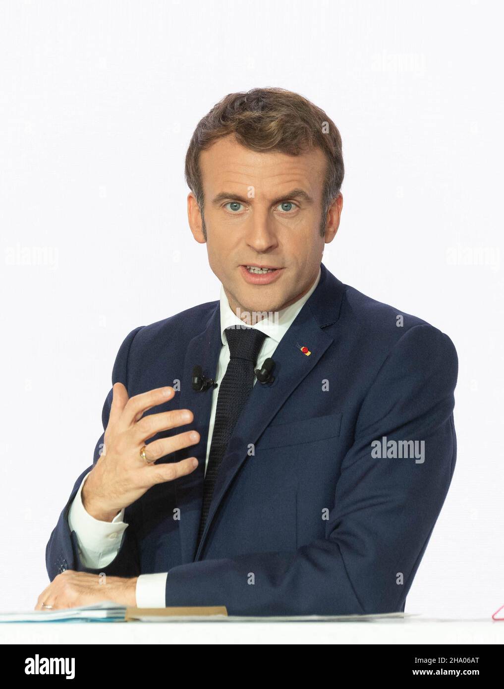 French President Emmanuel Macron delivers a speech during a press ...
