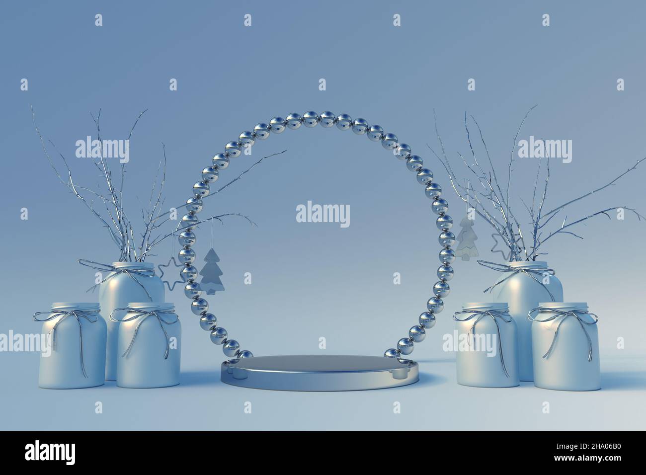 3d silver blue festive background with round podium and Christmas magic ...