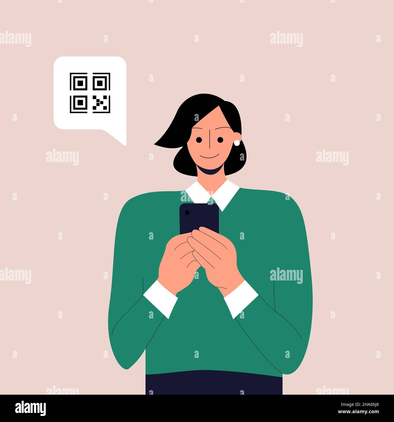 Cute female cartoon character holding smartphone with QR sign. Concept ...