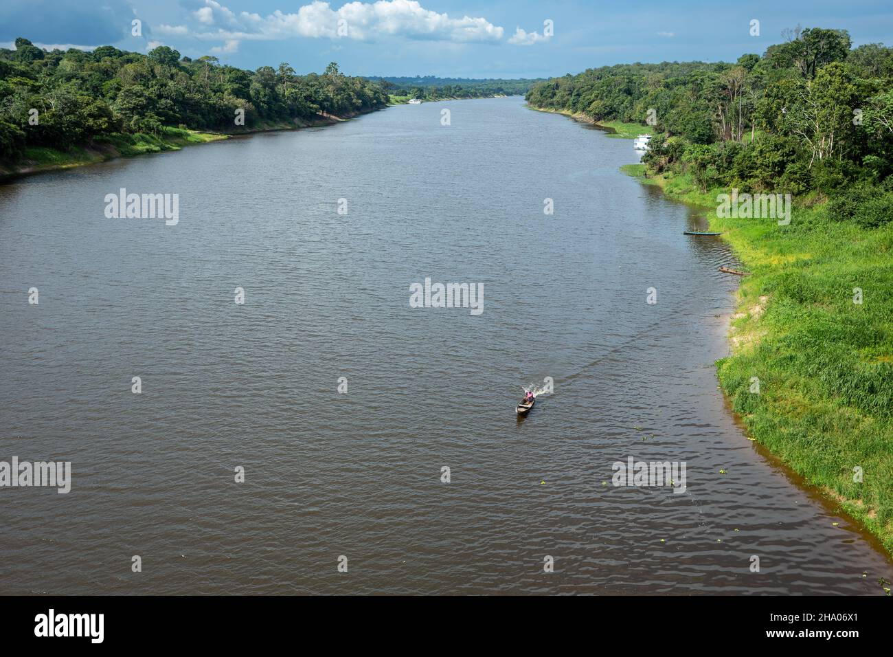 Beautiful view of Urubu river, forest trees and motor boat on sunny ...
