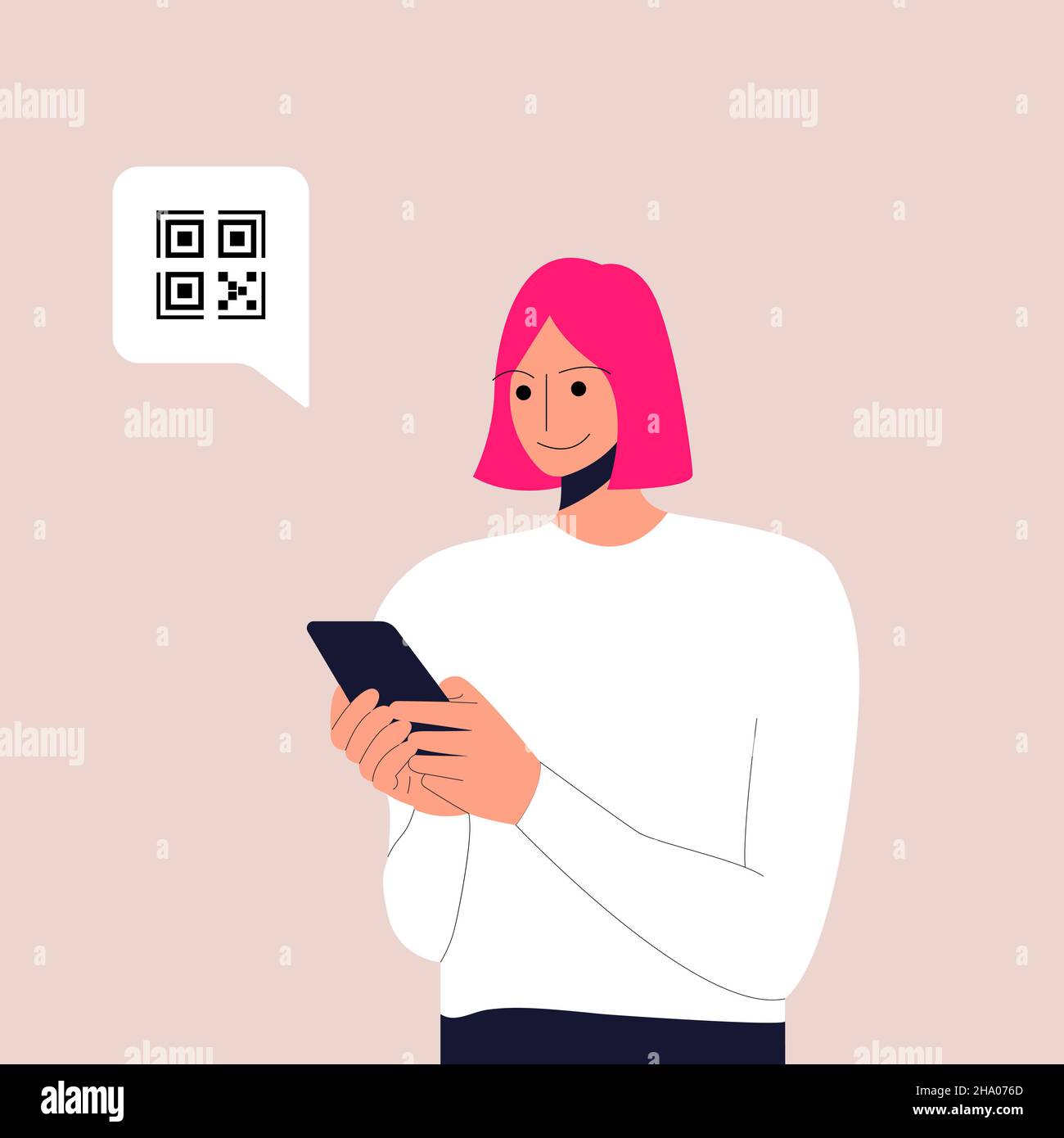 Young female cartoon character holding smartphone with QR sign. Concept ...