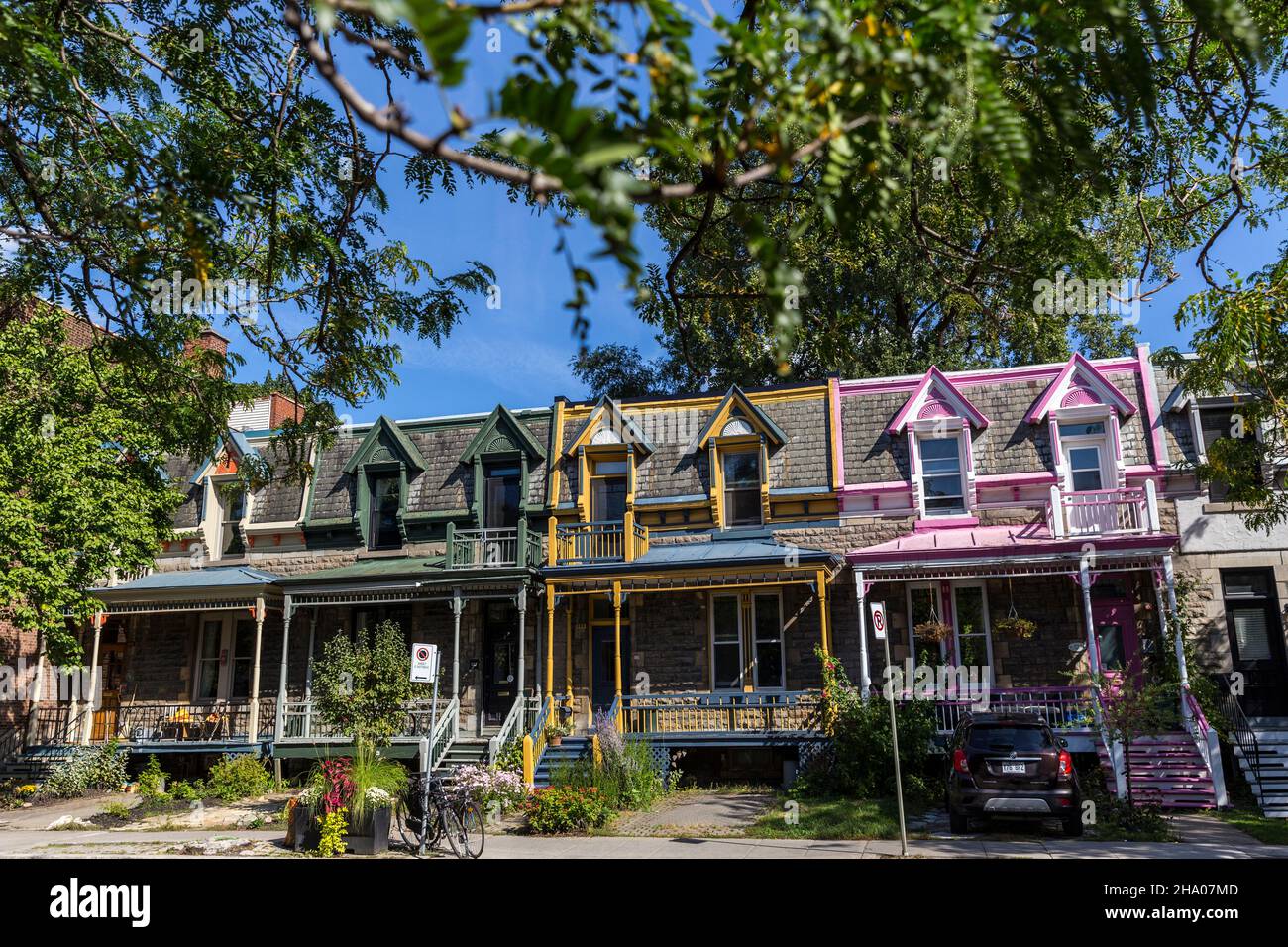 A colourful row of houses in the Westmount area of Montreal, Quebec ...