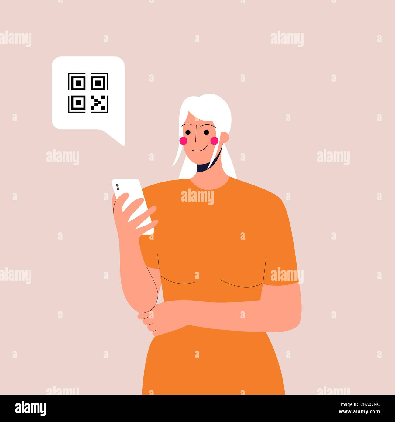 Female cartoon character holding smartphone with QR sign. Concept of ...