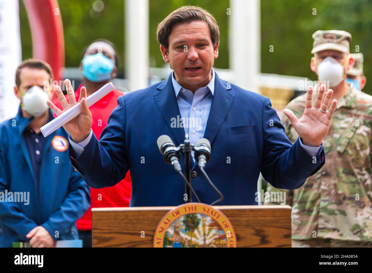 Governor of Florida Ron DeSantis in medical face mask during COVID-19 ...