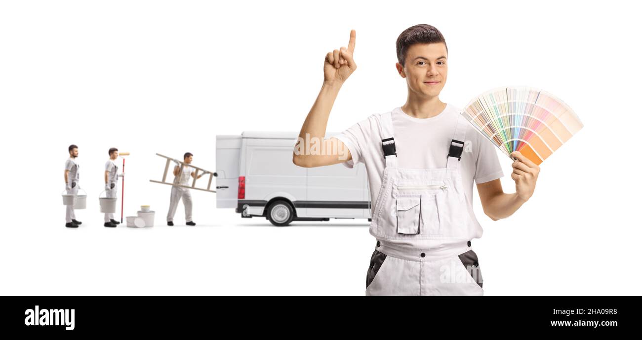 Decorators with a van and a painter with a palette pointing up isolated ...