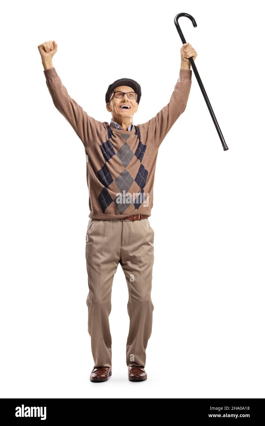 Full length portrait of a happy elderly man raising hands up and ...