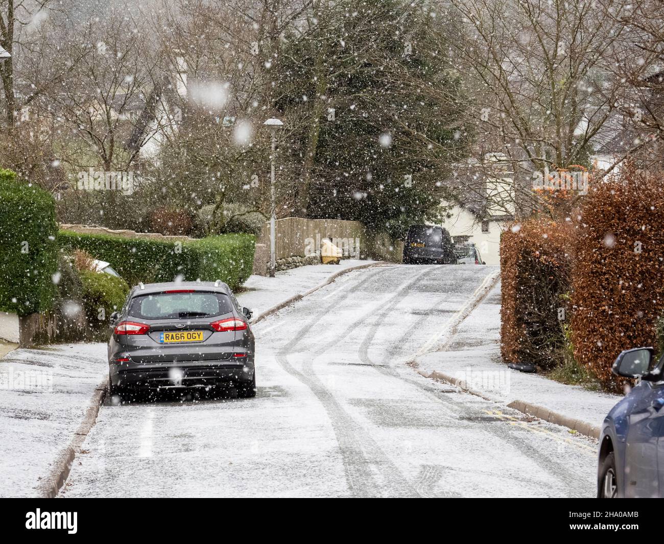 Snow falling on Fisherbeck Park in ambleside, Lake District, UK Stock ...