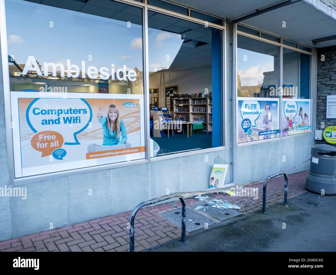 A window on Ambleside library blown in by Storm Arwen, an extrmely ...