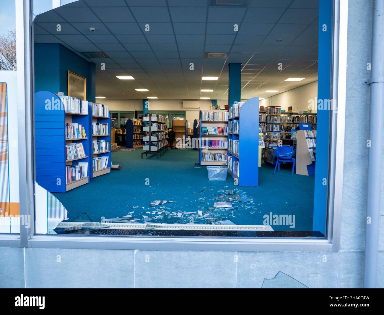 A window on Ambleside library blown in by Storm Arwen, an extrmely ...