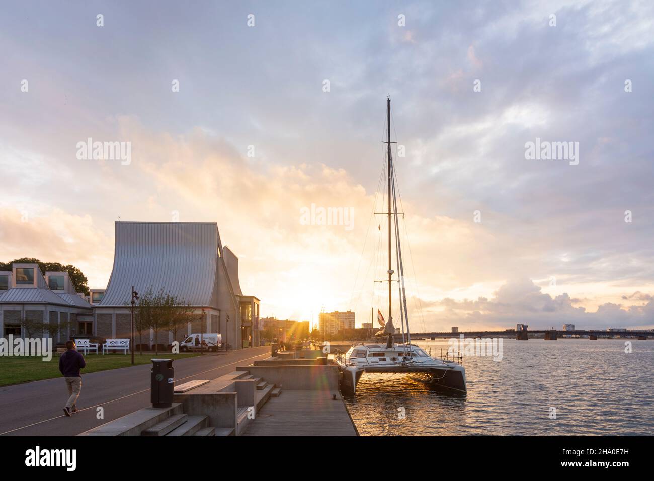 Aalborg: waterfront at Limfjord, Utzon Center, sailship katamaran, in ...