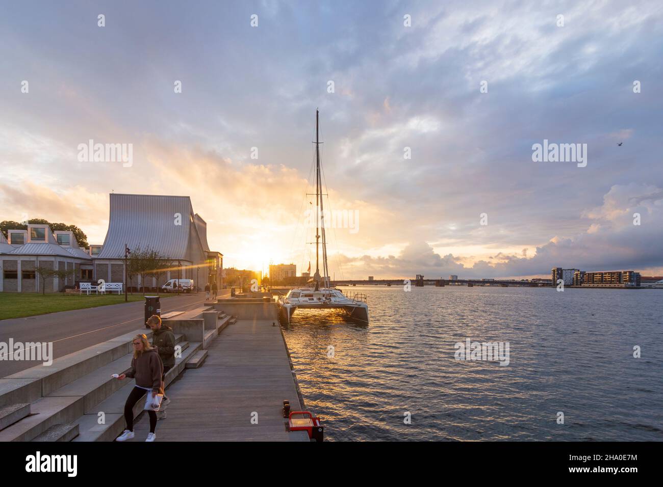 Aalborg: waterfront at Limfjord, Utzon Center, sailship katamaran, in ...