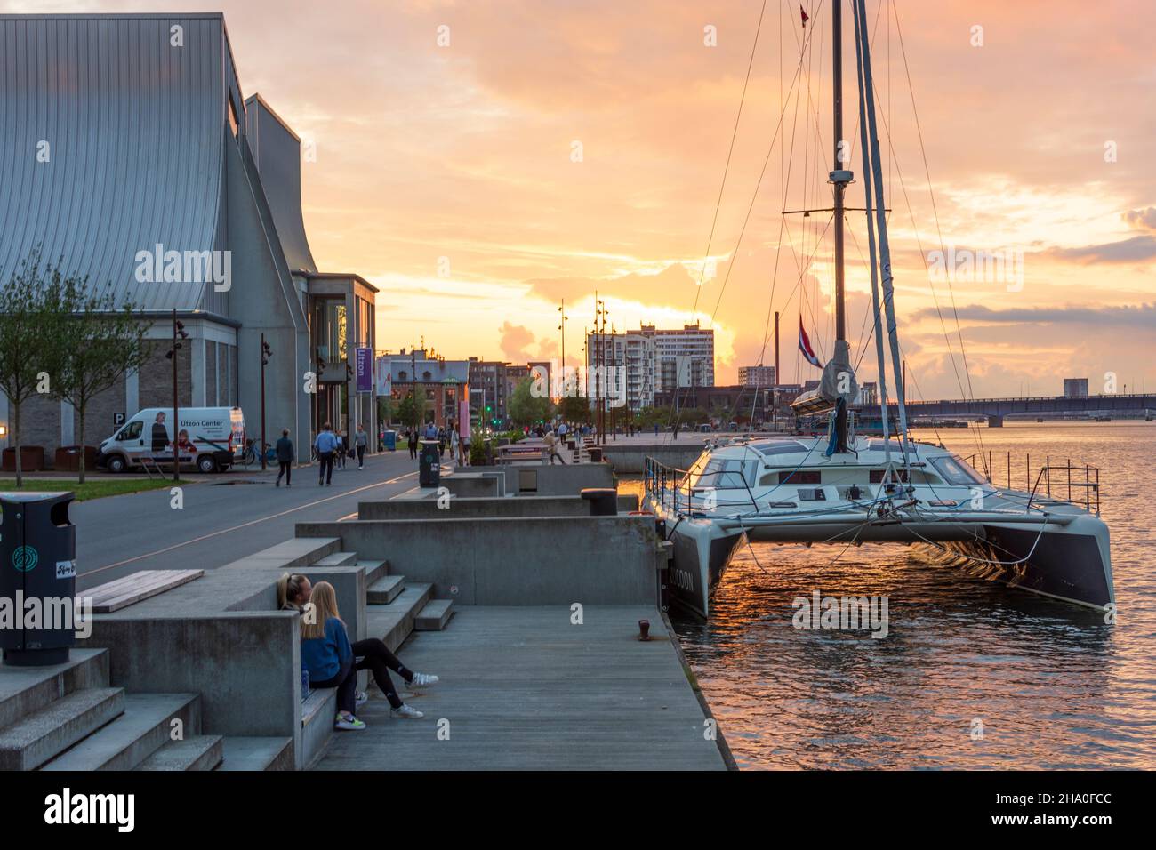 Aalborg: waterfront at Limfjord, Utzon Center, sailship katamaran, in ...