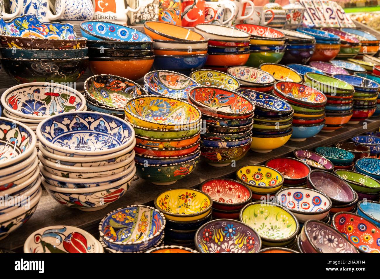 Turkish traditional design ceramic plates in the market Old Bazaar in ...
