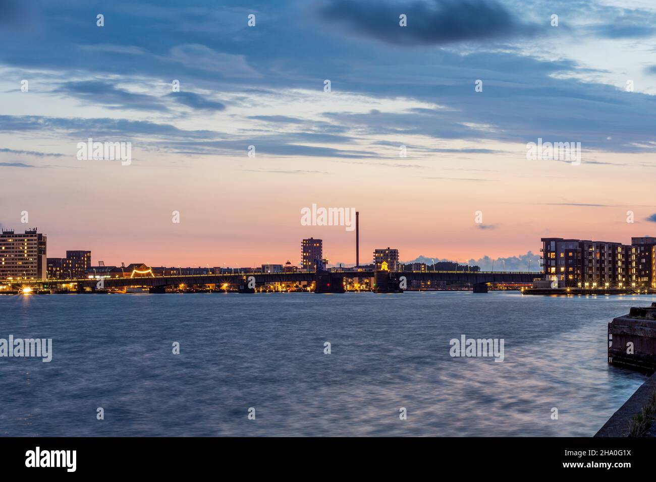 Aalborg: waterfront at Limfjord, bridge Limfjordsbroen, in Aalborg ...