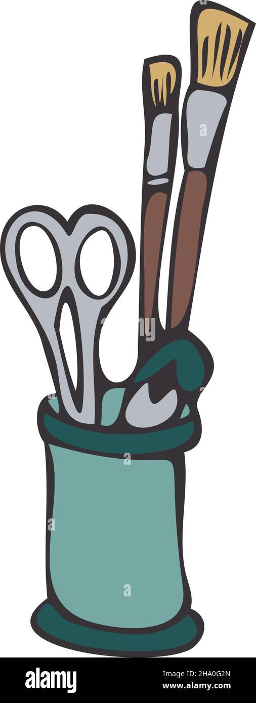 Vector illustration of jar with scissors and brushes. Isolated on white ...