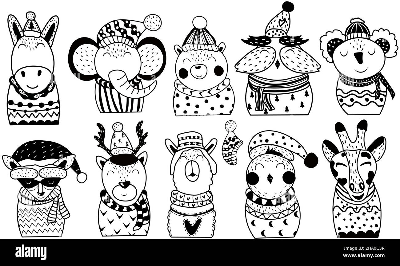 Black and white Cute Christmas Animals: bear, tiger, Koala, deer, owl ...