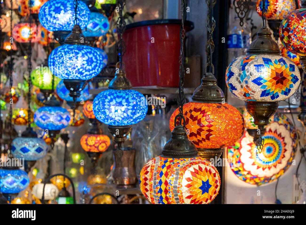 Turkish traditional colorful lamps in historic Old Bazaar in Istanbul ...