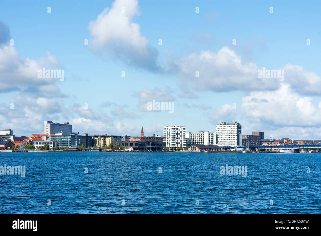 Aalborg: waterfront at fjord Limfjord, city center, bridge ...