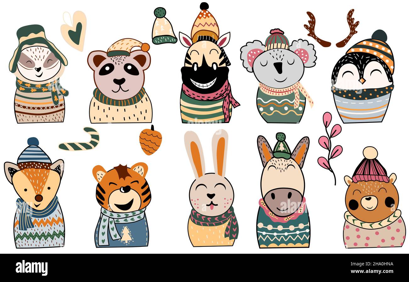 Cute Christmas Animals: fox, tiger, penguin, rabbit, bear, koala, zebra ...