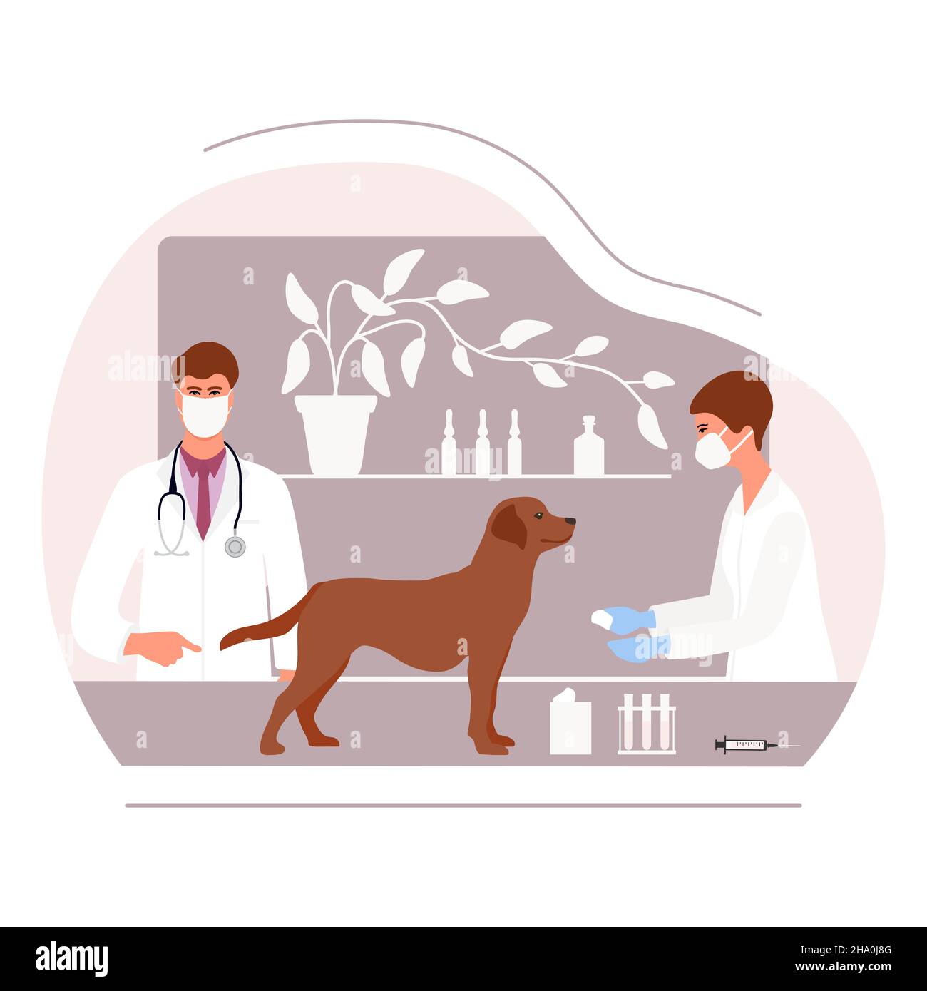 Vector illustration Visit to doctor with dog. Veterinary clinic ...