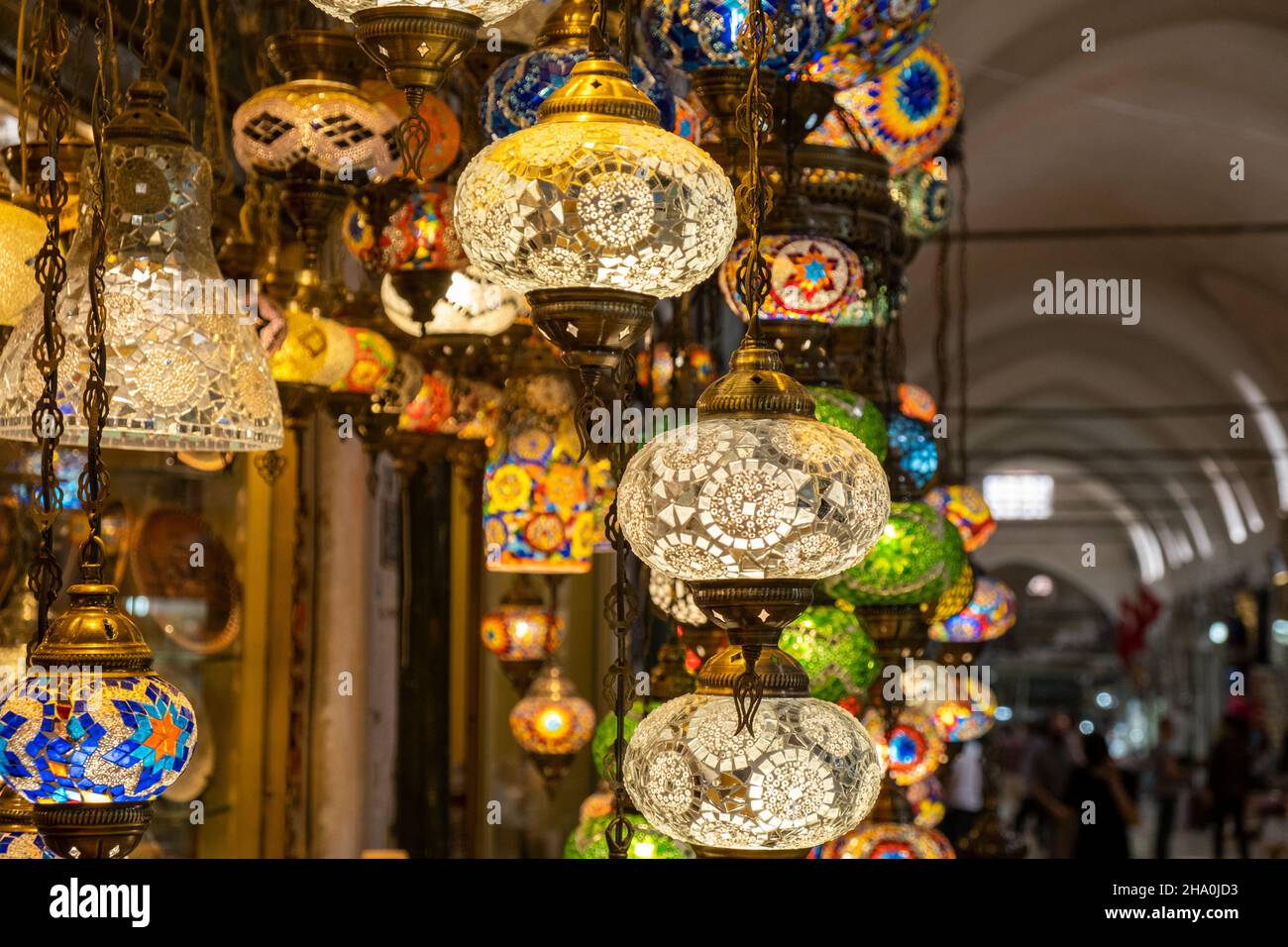 Turkish traditional colorful lamps in historic Old Bazaar in Istanbul ...