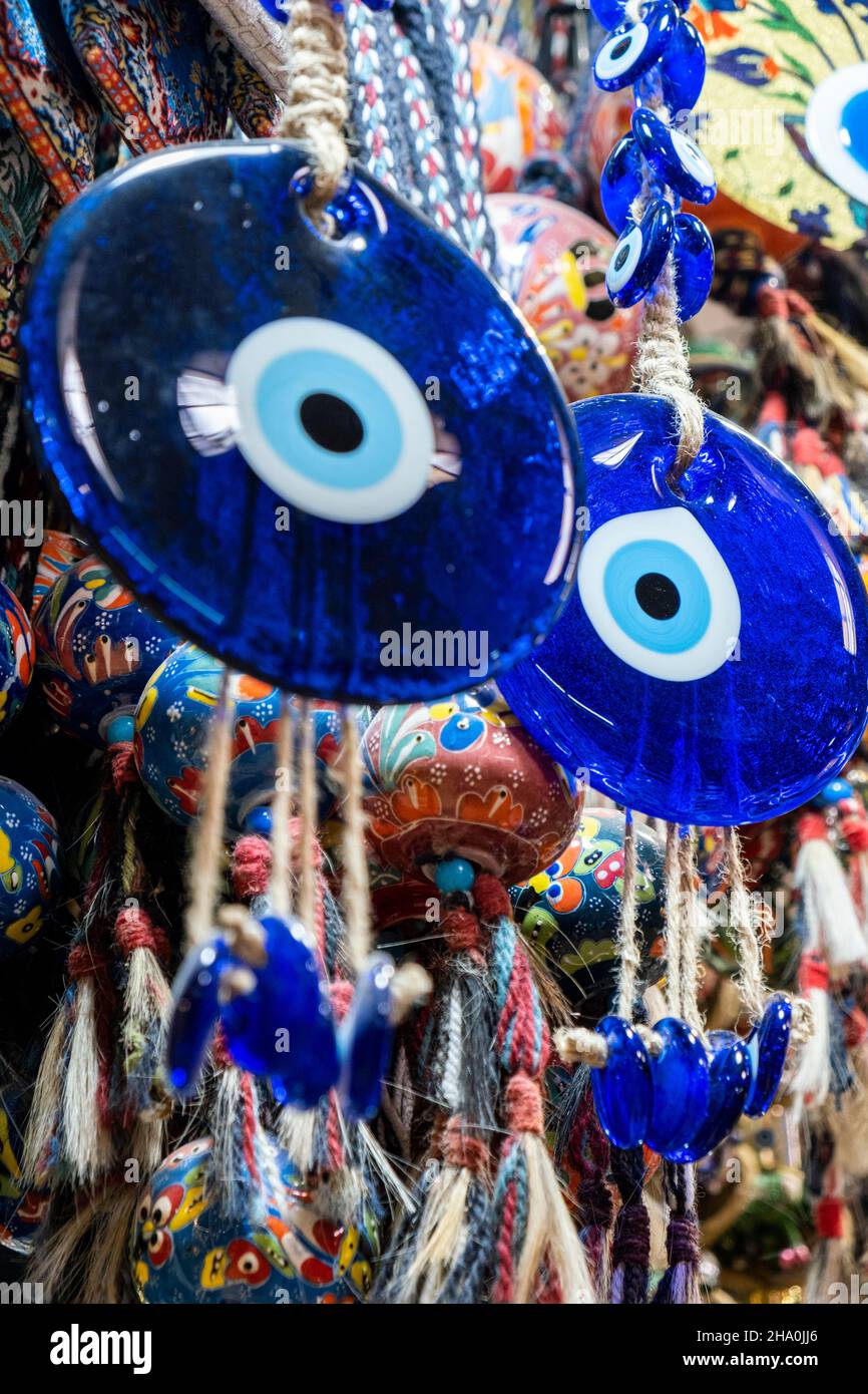 Turkish traditional evil eye objects in historic Old Bazaar in Istanbul ...