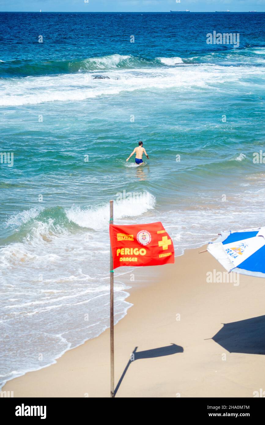 Danger signs on Farol da Barra beach in the Brazilian city of Salvador ...